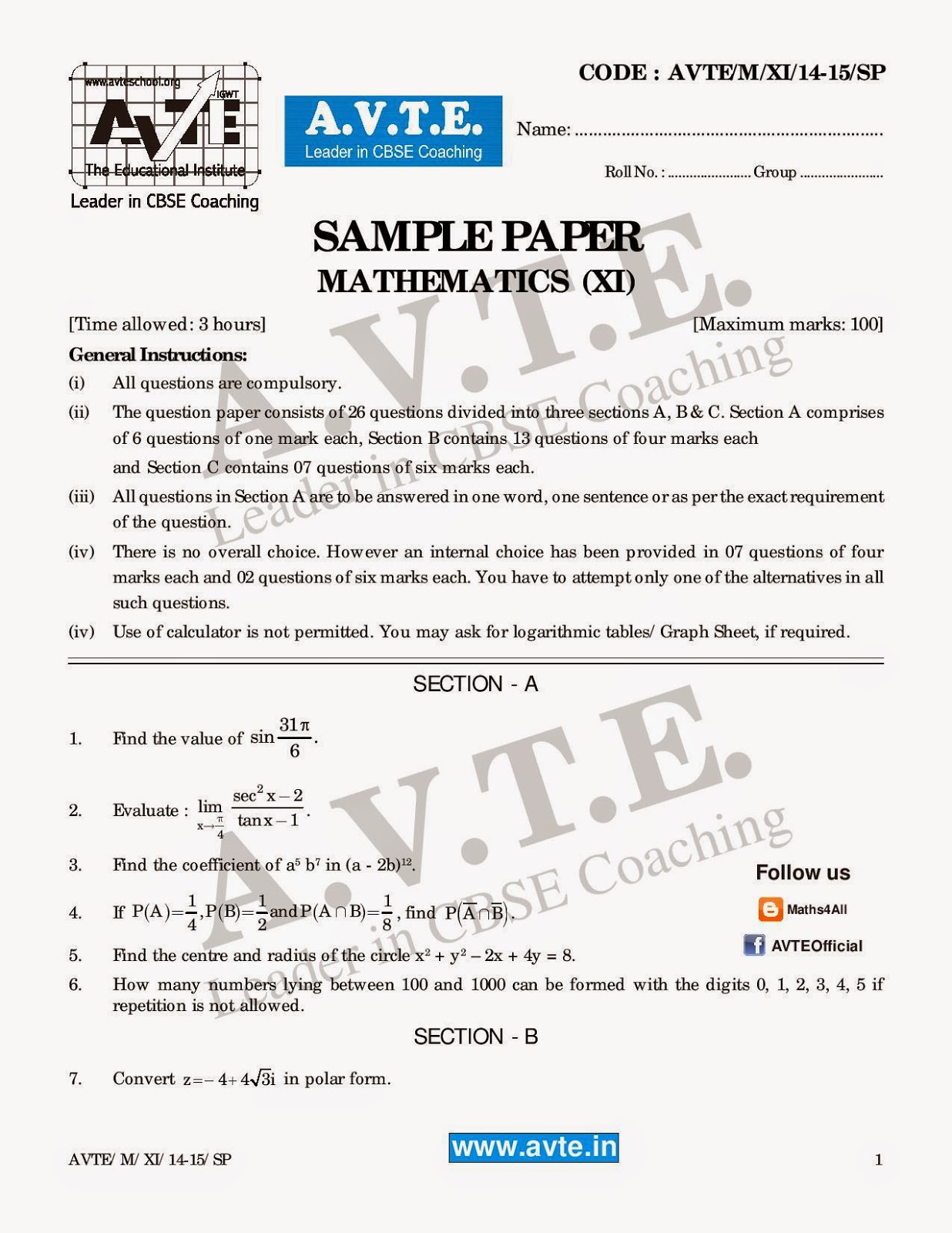 Class XI Mathematics Sample Paper 1 Class XI Mathematics Sample Paper 1