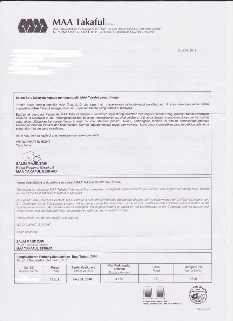 MAA Takaful declare surplus sharing untuk produk MTL Series ~ Bijak Wang