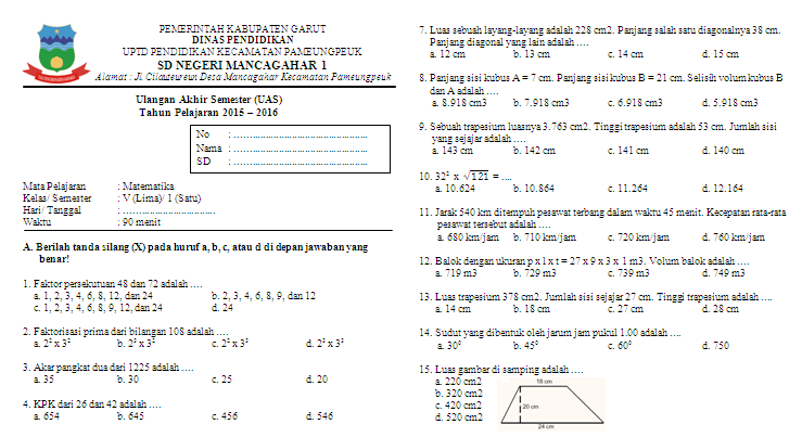 Soal UAS Matematika kelas 5 Semester 1 - Soal Soal Siswa