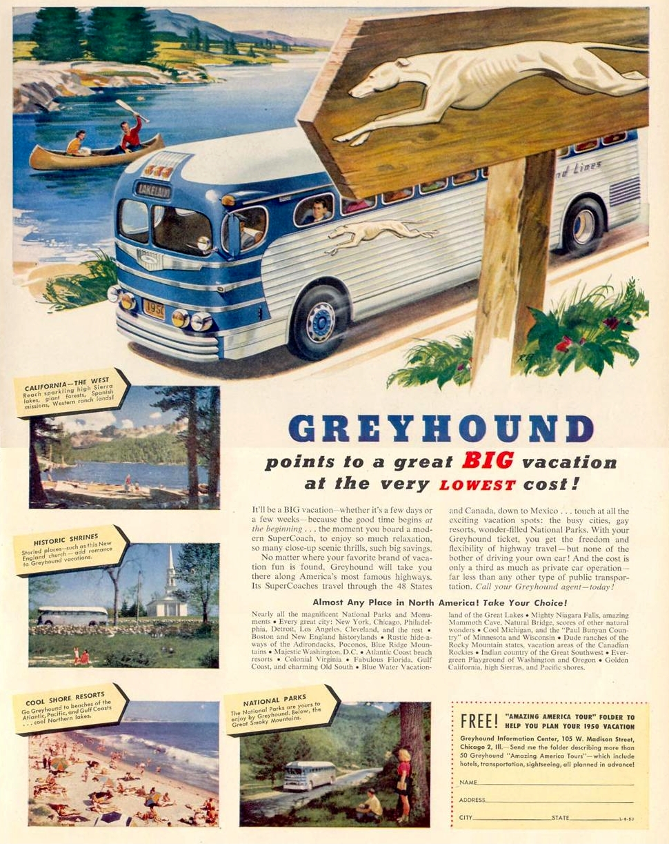 transpress nz: 1950 Greyhound bus advert