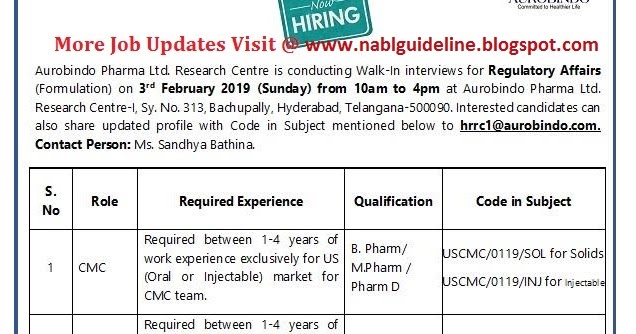 NABL GUIDELINES: Aurobindo Pharma - Walk-In Interviews on 3rd February 2019 for Multiple ...
