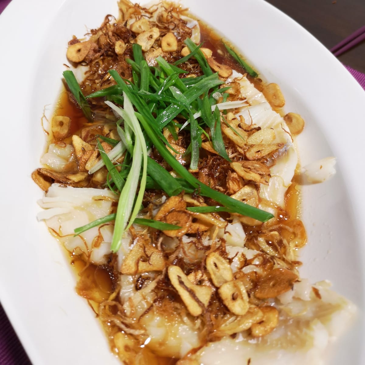 Steamed Fish with fried ginger and garlic