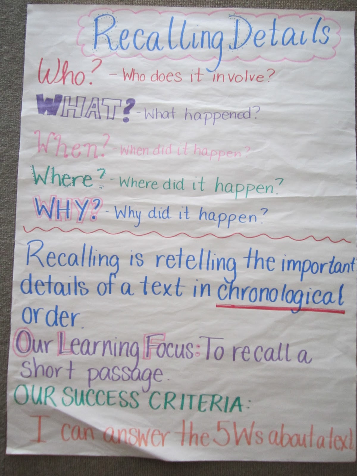 Miss A's Class Ideas: Recalling Details (The 5 W's)