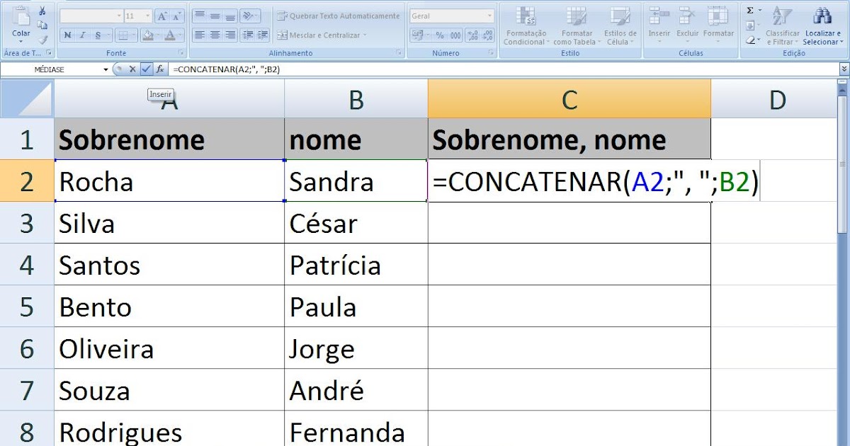 Função Concatenar - Microsoft Excel