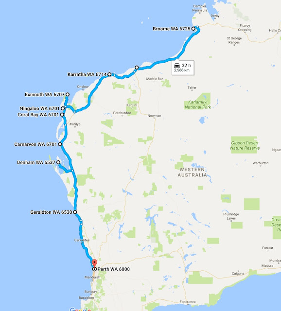 Tony and Joe's Big Bike Ride - Broome to Perth: Broome to Perth route