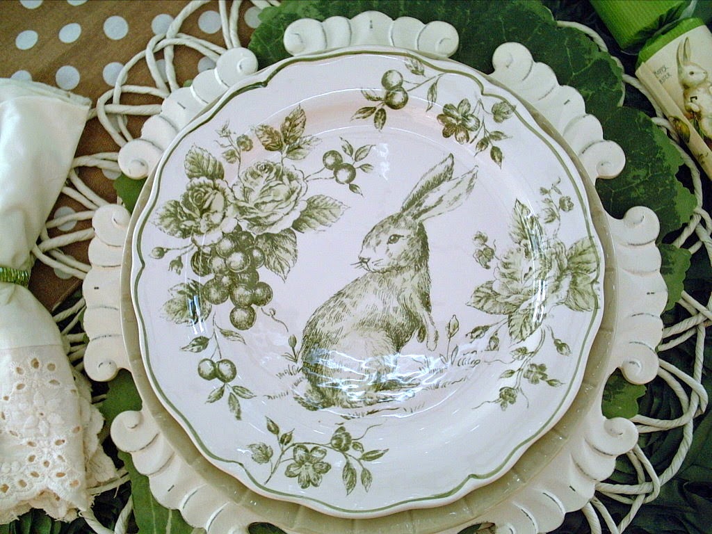 Candlelight Supper: Green Toile Bunny Tablescape & Rose Galax Leaf ...
