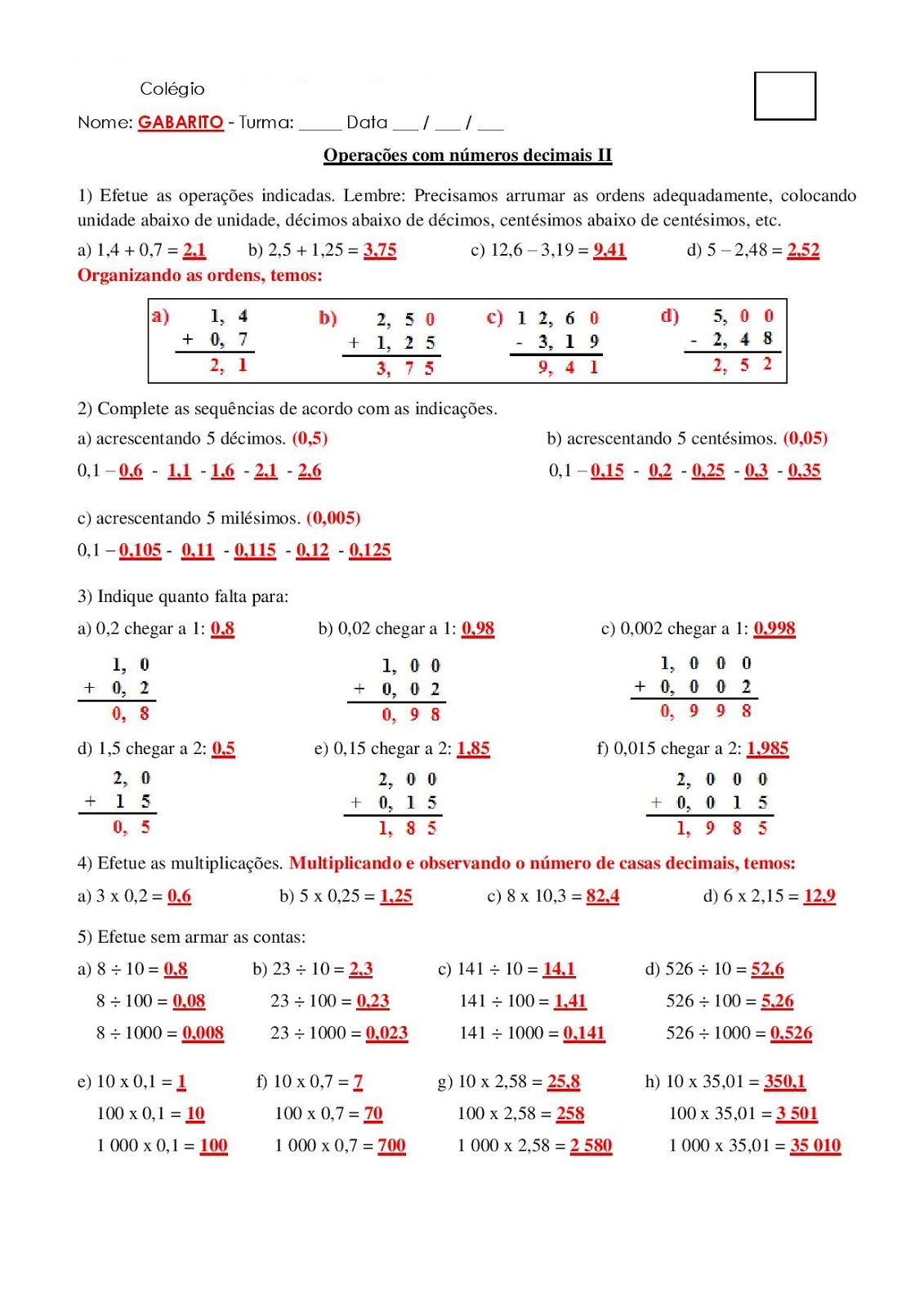 Exercicios De Matematica 5 Ano Com Gabarito - EDUCA Exercicios De Matematica 5 Ano Com Gabarito - EDUCA