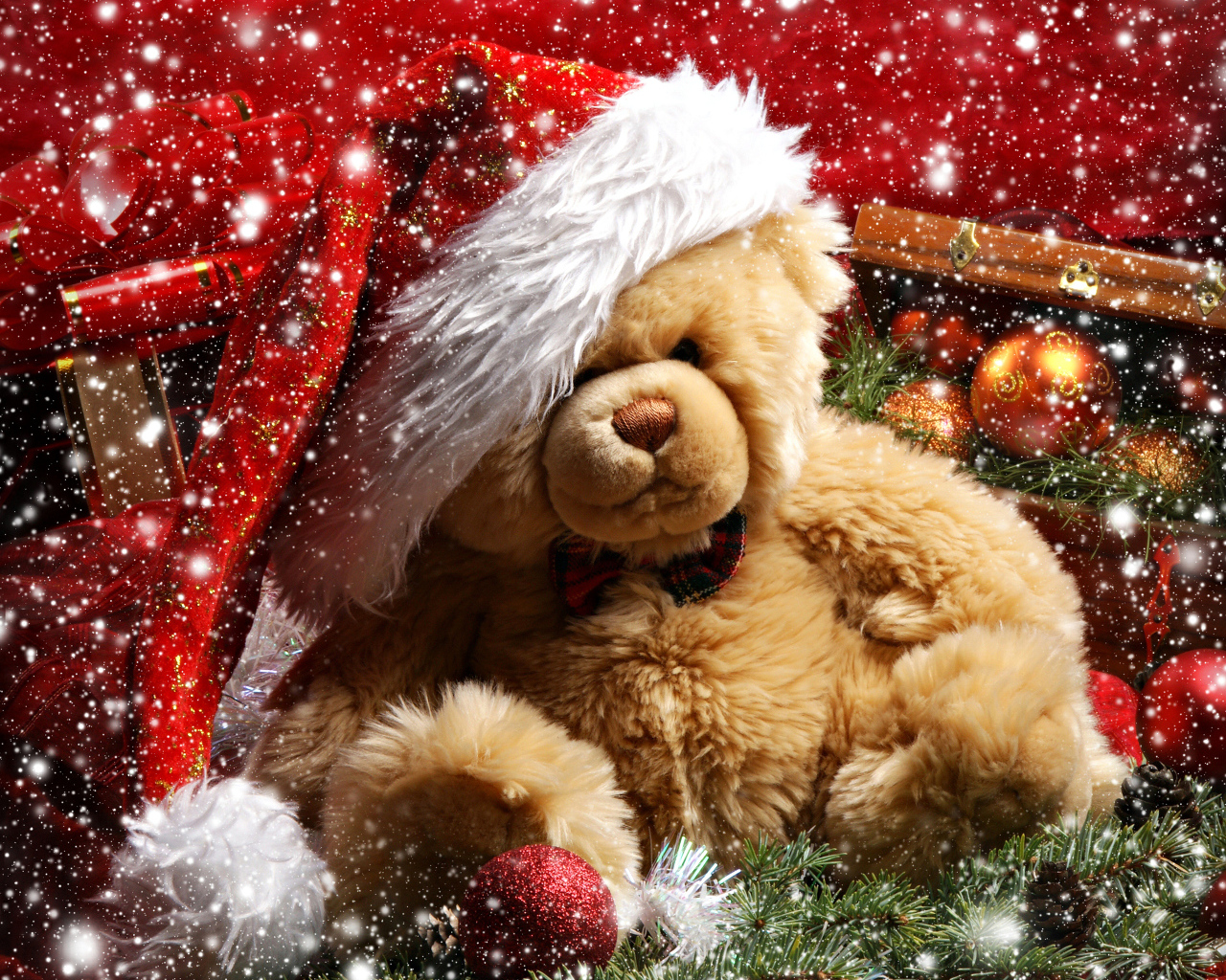Plišani medvjedić pod crvenom Božićnom kapom ~ 1280x1024 Pozadine za ...