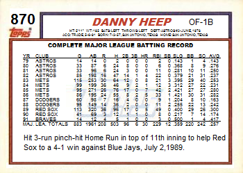 Completing the 1992 Topps set: 1991 Topps #870 Danny Heep