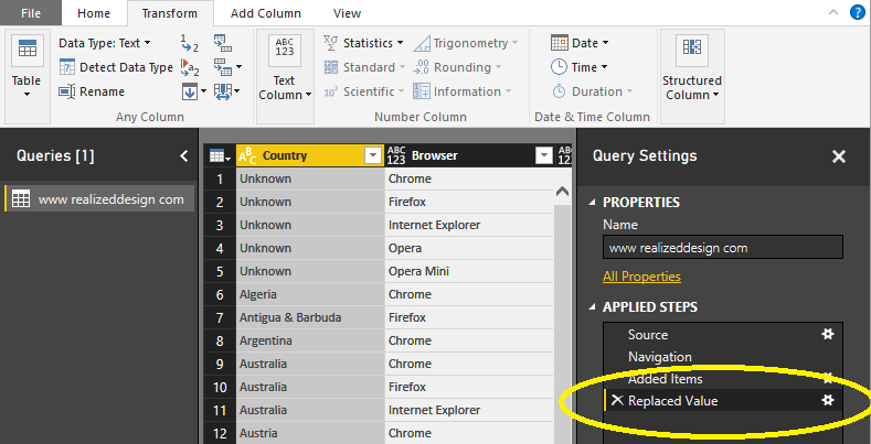 Realized Design: Power BI - Replacing Values using the Query Editor