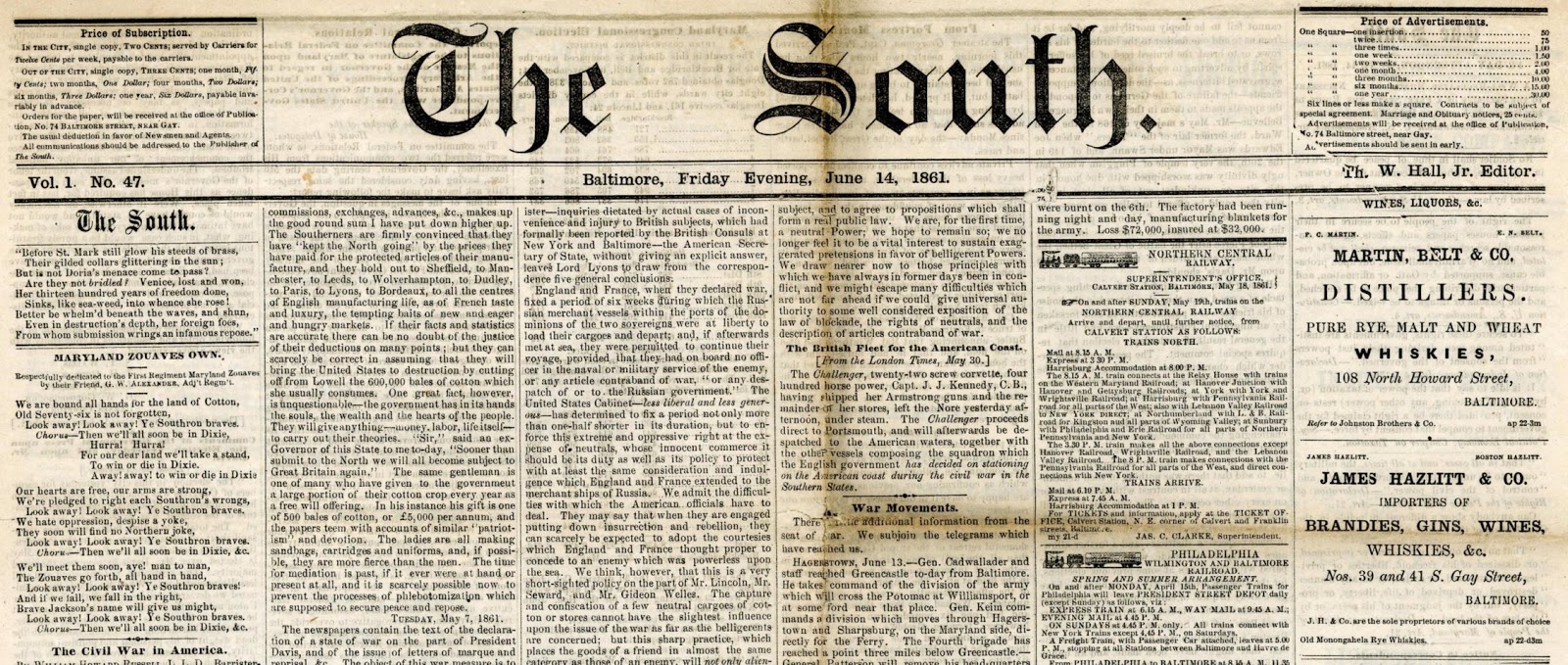 Yesterday’s Papers: The South. — A Baltimore Secession Newspaper