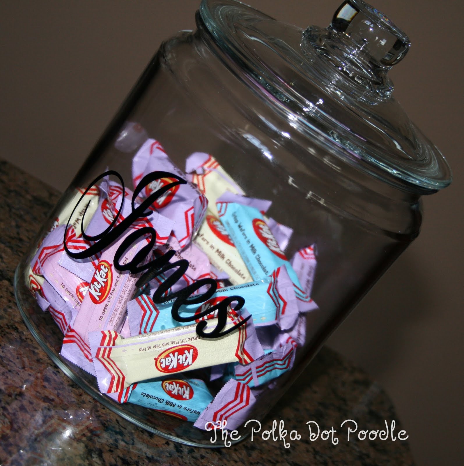 The Polka Dot Poodle: Personalized Glass Candy Jar $20