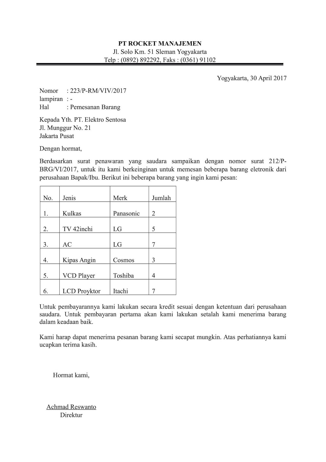 Contoh Surat Pesanan Barang Pemerintah