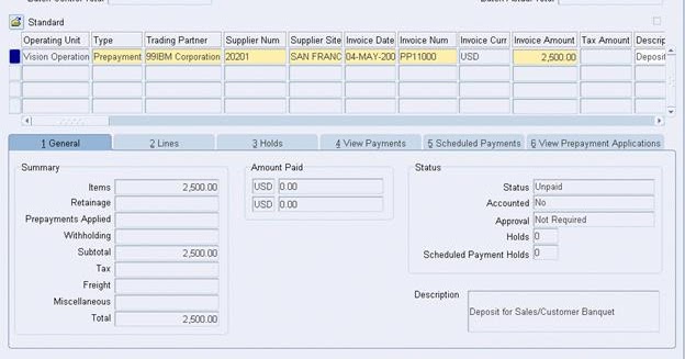 Oracle Applications: Create a Prepayment in Oracle Payables