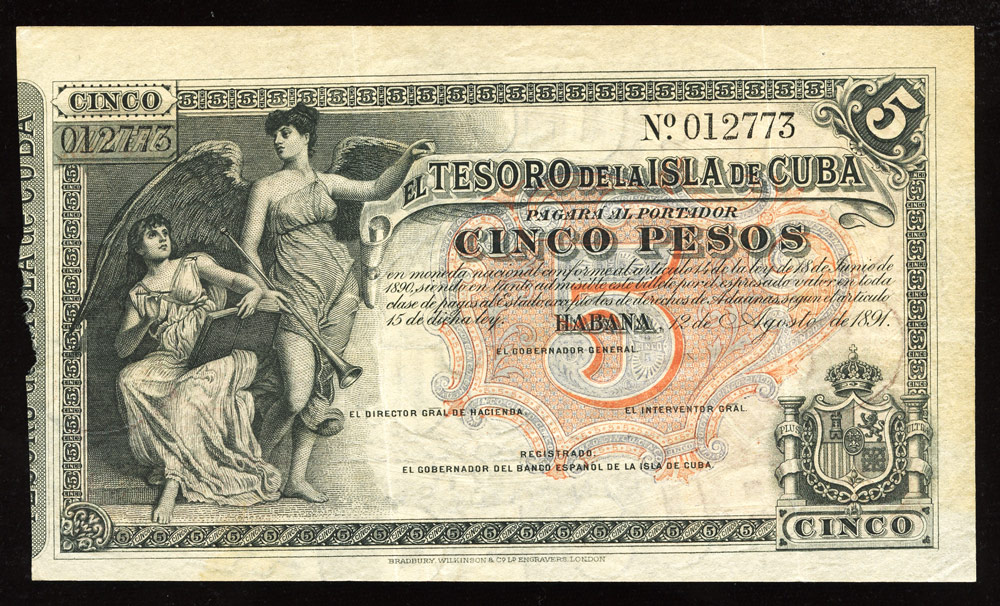 Cuban banknotes 5 Pesos Treasury Note of 1891 El Tesoro de la Isla de ...
