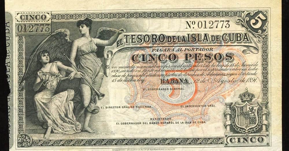 Cuban banknotes 5 Pesos Treasury Note of 1891 El Tesoro de la Isla de ...