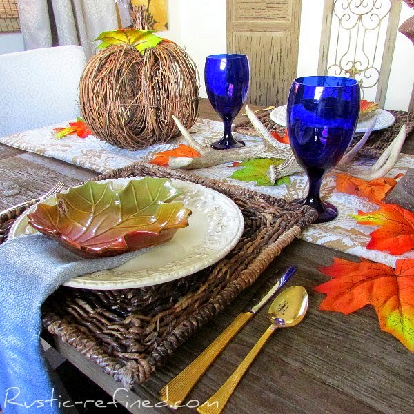 Cobalt Blue and Brown Fall Tablescape | Rustic & Refined