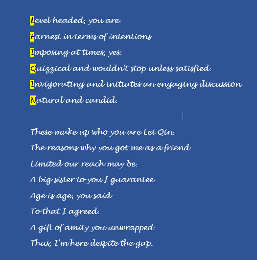 Jem shares...: Lei Qin, acrostic poem