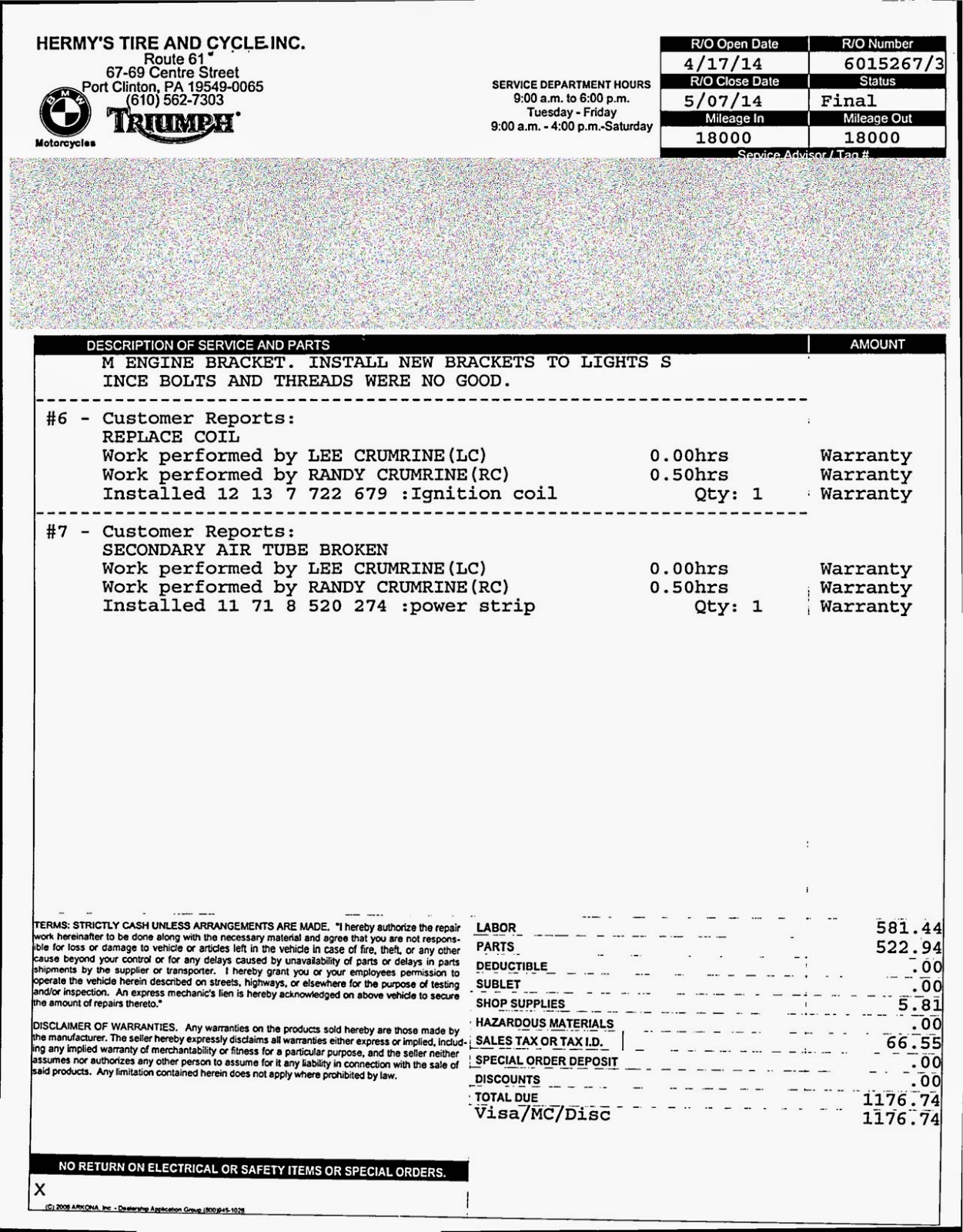 BMW K 1600 GT Blog: 18,000 mile service, invoice and comments