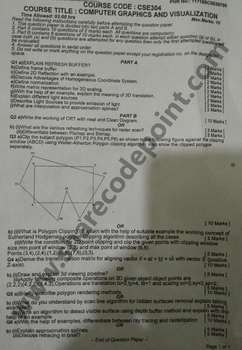 CSE304 : Computer Graphics And Visualization Reaper Question Paper - CSE 304 - Lpu Question Paper