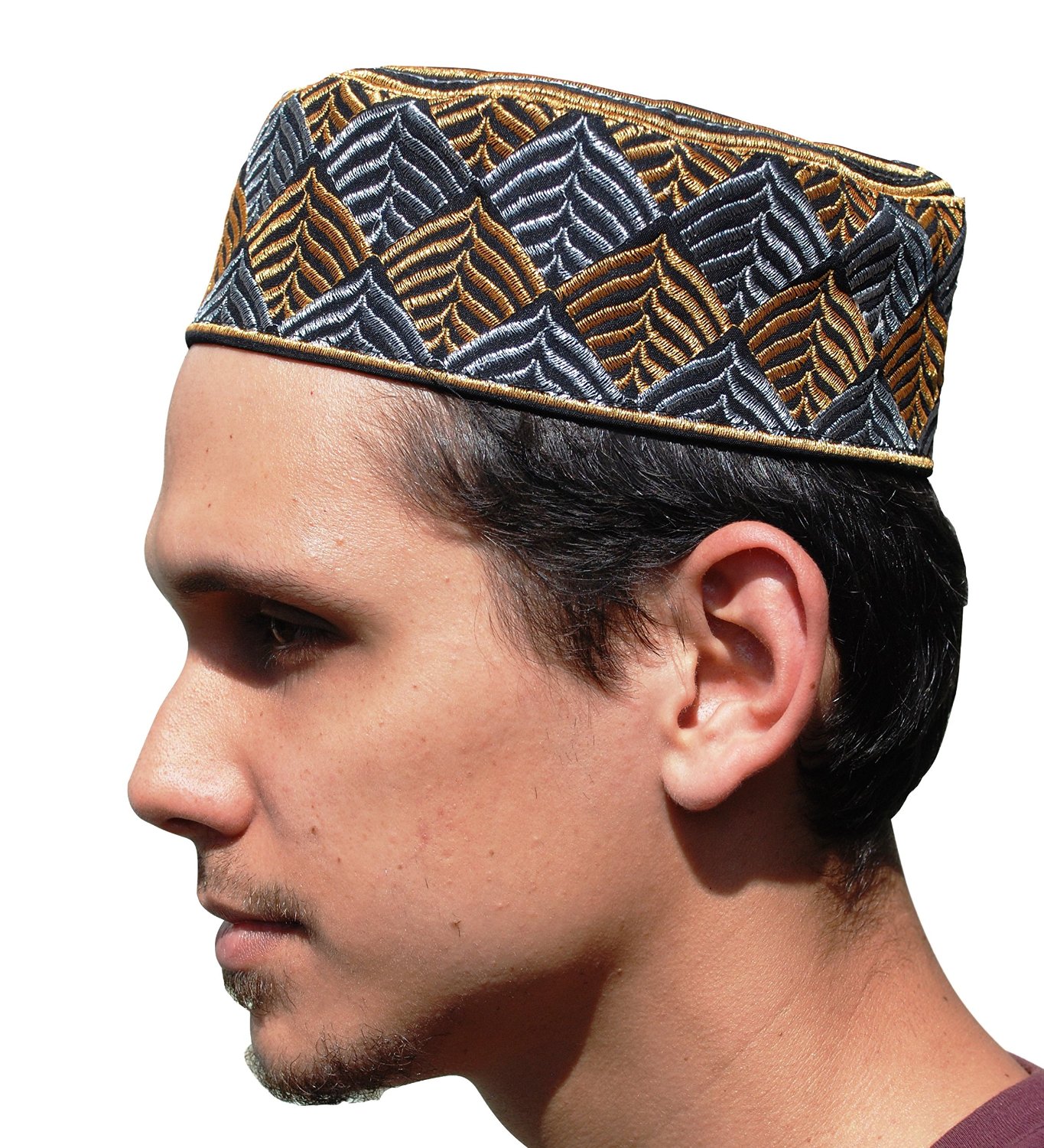 Rigid Black w/ Gold and Silver Leaf Design Kufi - Muslim Clothing