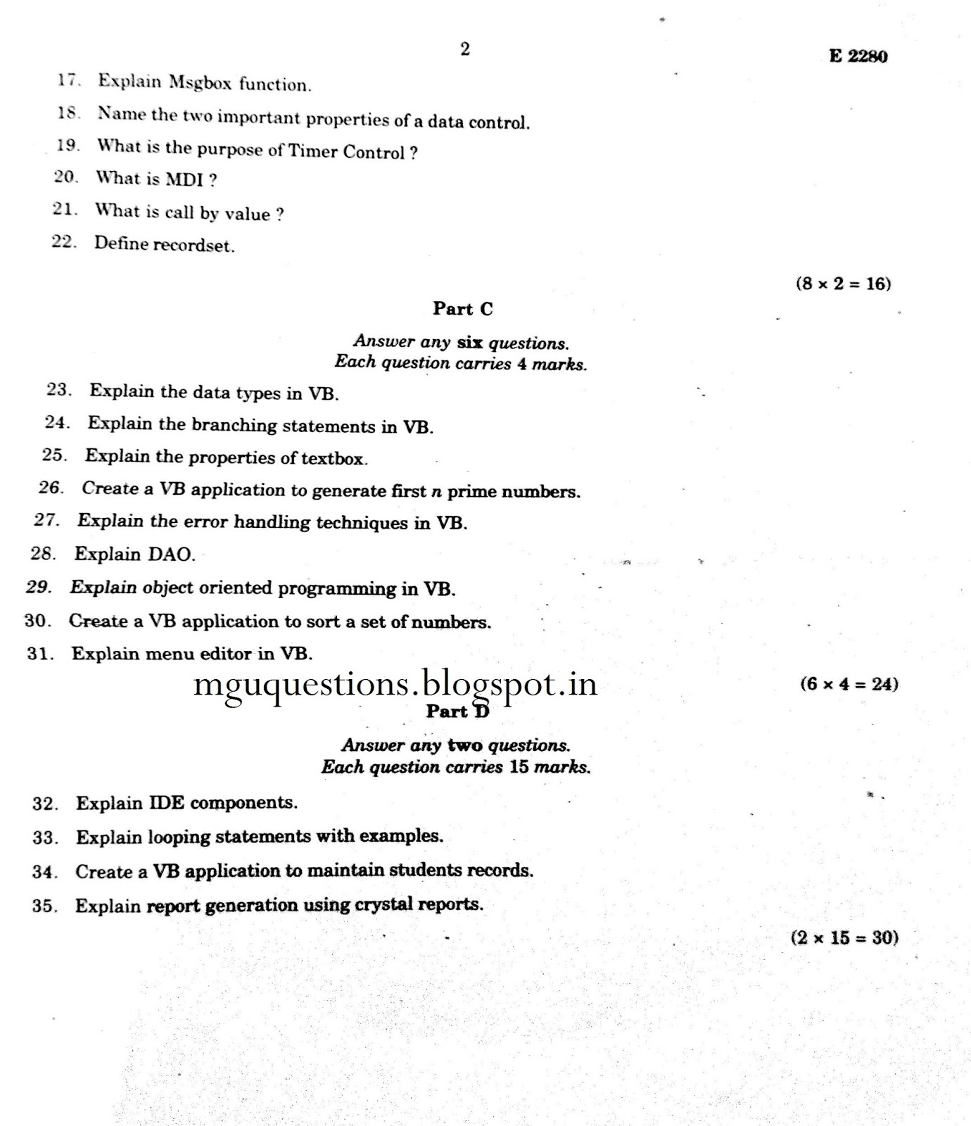 Mgu Bca Degree Semester 4 Visual Basics 2016 Previous Year Question Paper