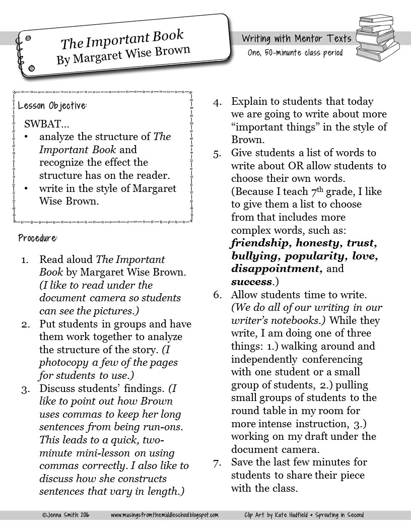The Important Book by Margaret Wise Brown - Writing With Mentor Texts ...