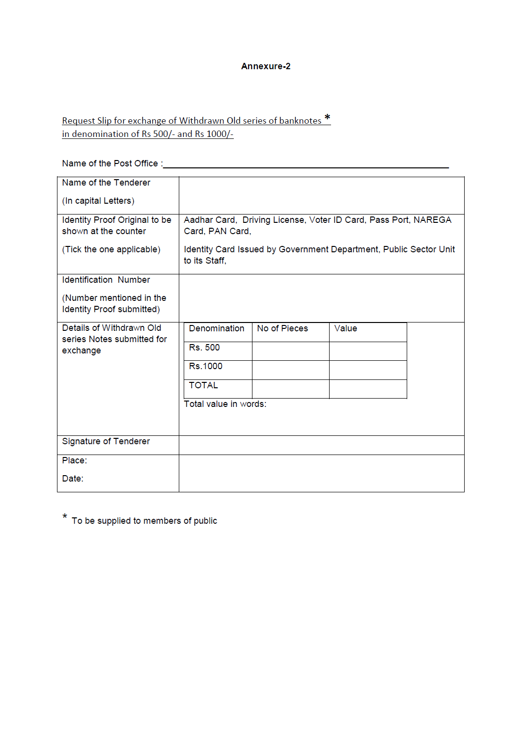 Annexure 1, 2, 3 and 3A for Post Offices in connection with Exchange of ...