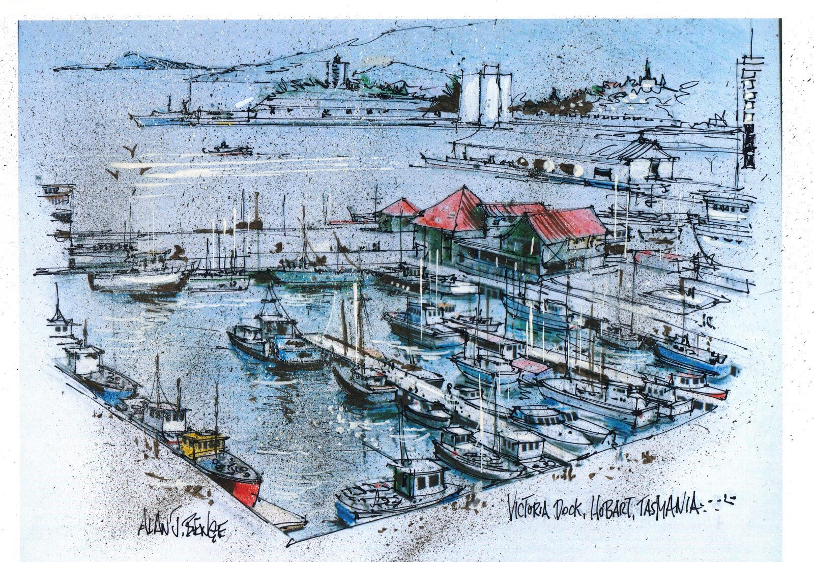 Marine artworks by Alan J. Benge: Sketch of Hobart boat harbour ...