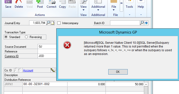 Dynamics GP Essentials: Error while Entering or Posting General Ledger Journals | Subquery Error ...