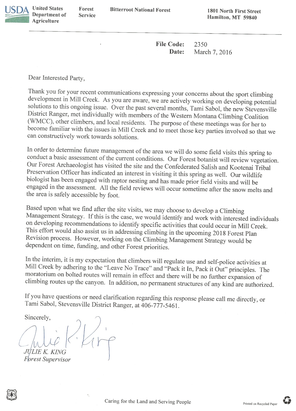 Mill Creek Report: Bitterroot Forest Service Letter - No Progress