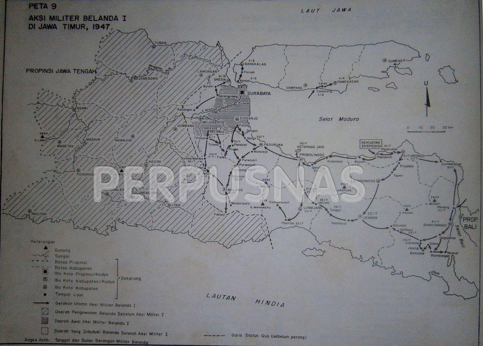 Peta ini menggambarkan Aksi Militer Belanda I di Jawa Timur pada tahun ...