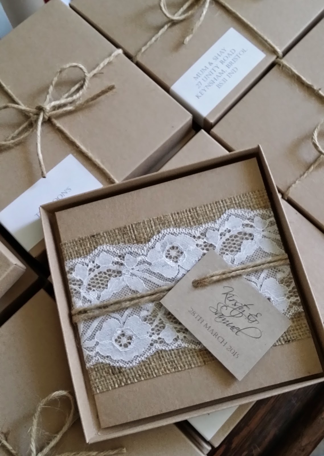 Knots and Kisses Wedding Stationery: Rustic Lace and Hessian Boxed ...