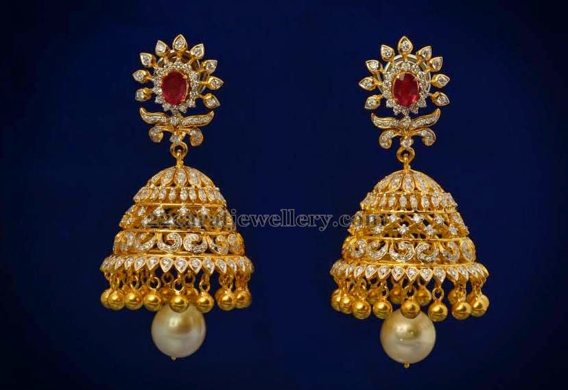 Regal Diamond Jhumkas with Ruby - Jewellery Designs