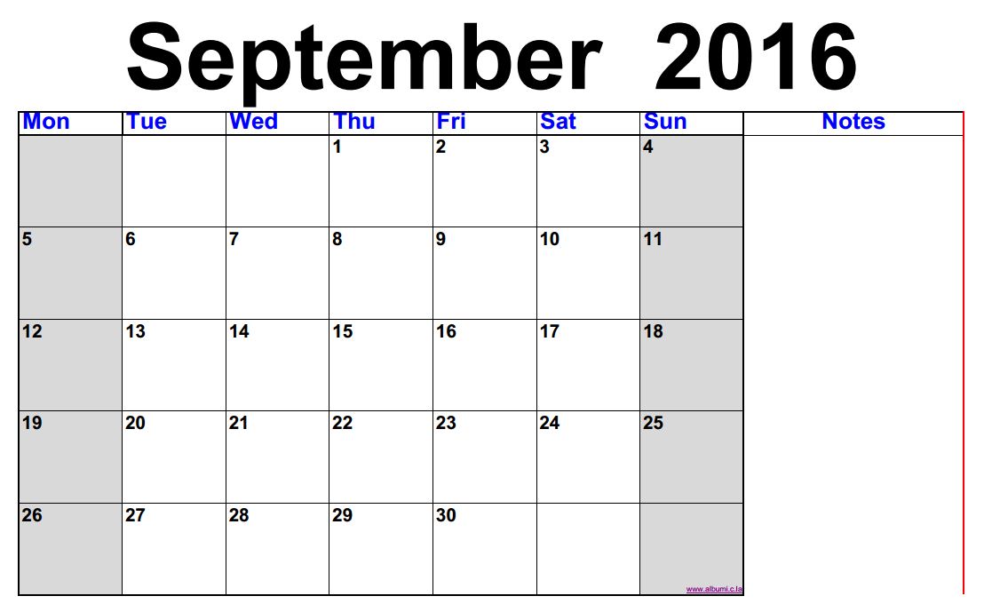 September 2016 Printable calendar | calendars - kalendar - Calendario
