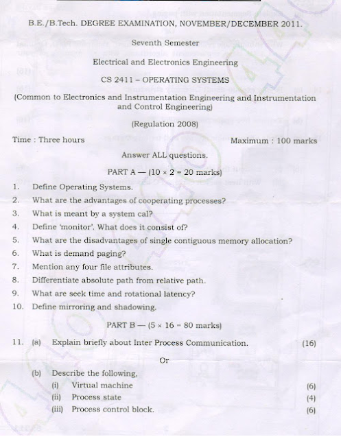 CS2411 Operating Systems Nov Dec 2011 Question Paper - University ...