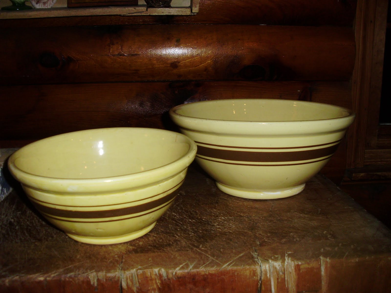 Log Cabin Antiques & Gifts: Two yellow ware bowls with brown bands