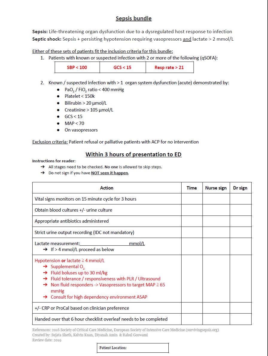 Emergence Phenomena: Sepsis checklist/bundle
