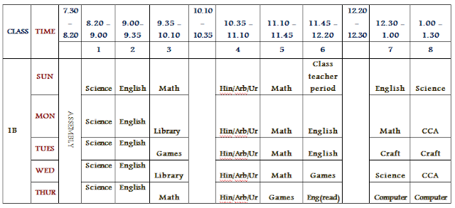 Birla World School Oman: Time Table - 1B
