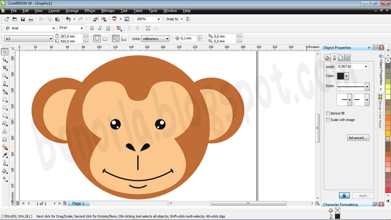 BENORLA: Membuat Kartun Sederhana Wajah Monyet Menggunakan Corel Draw