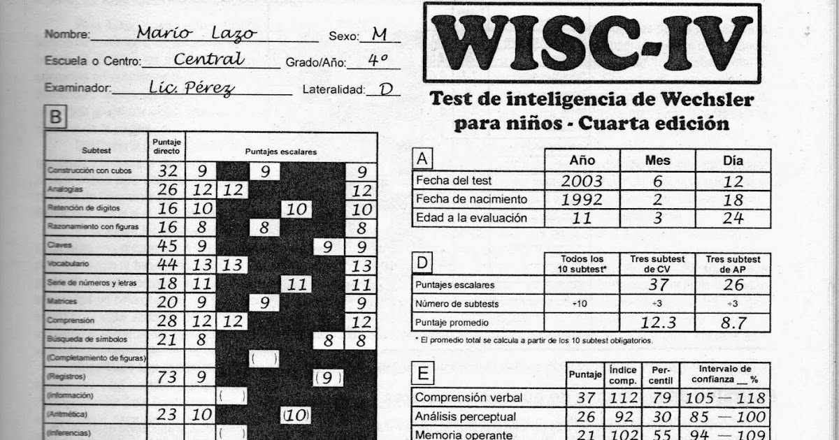 Ejemplo de TEST DE INTELIGENCIA DE WECHSLER PARA NIÑOS - De todo un POCO