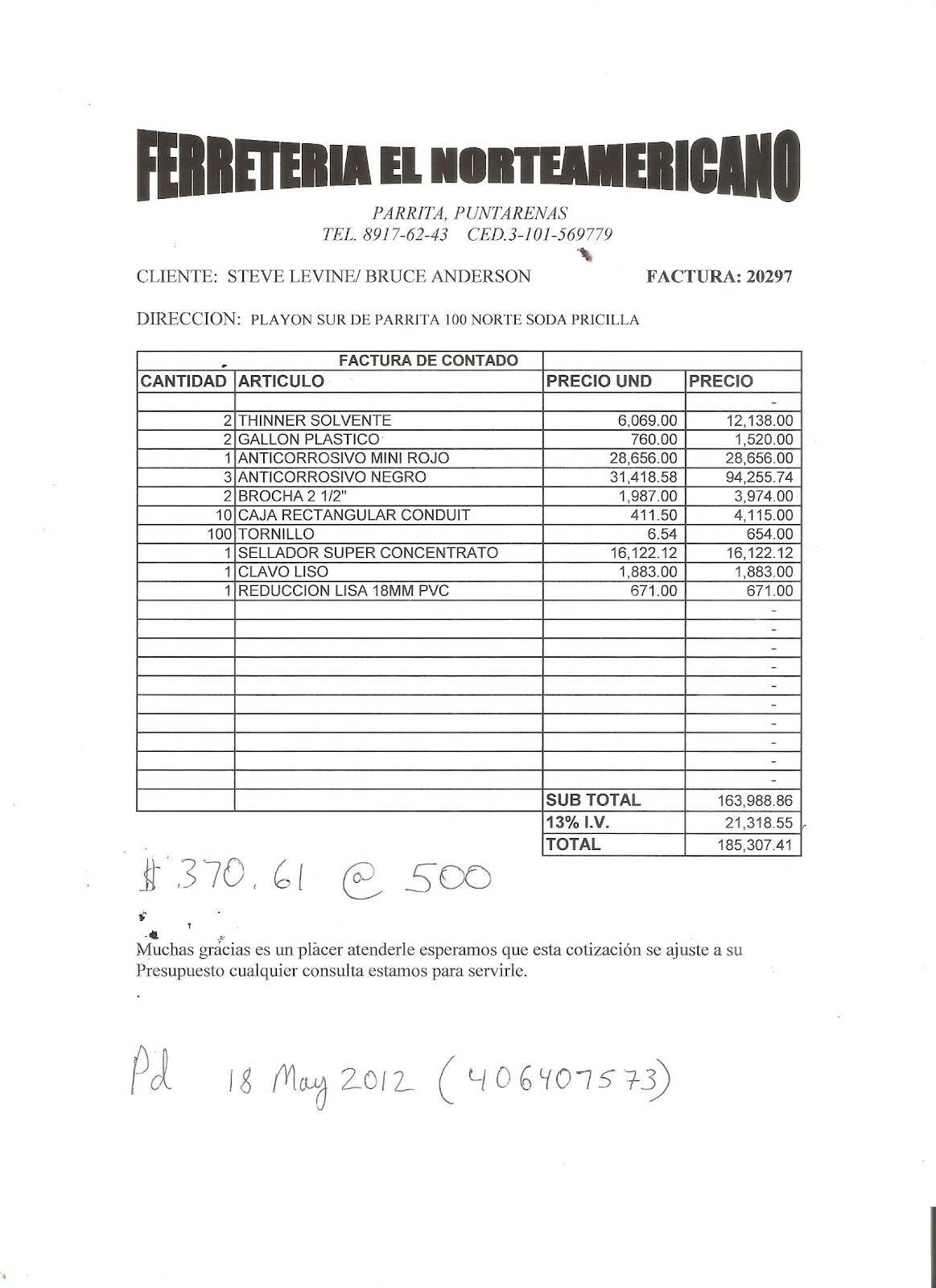 Levine/Anderson Tree House: Receipt - Painting Supplies for Gato, Nelson
