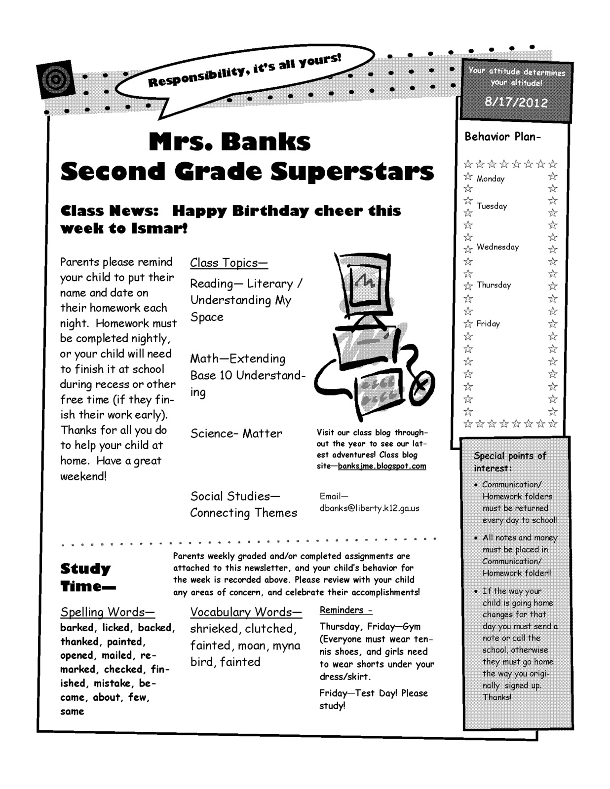 Mrs. Banks' 2nd Grade: Weekly Newsletter 8/17