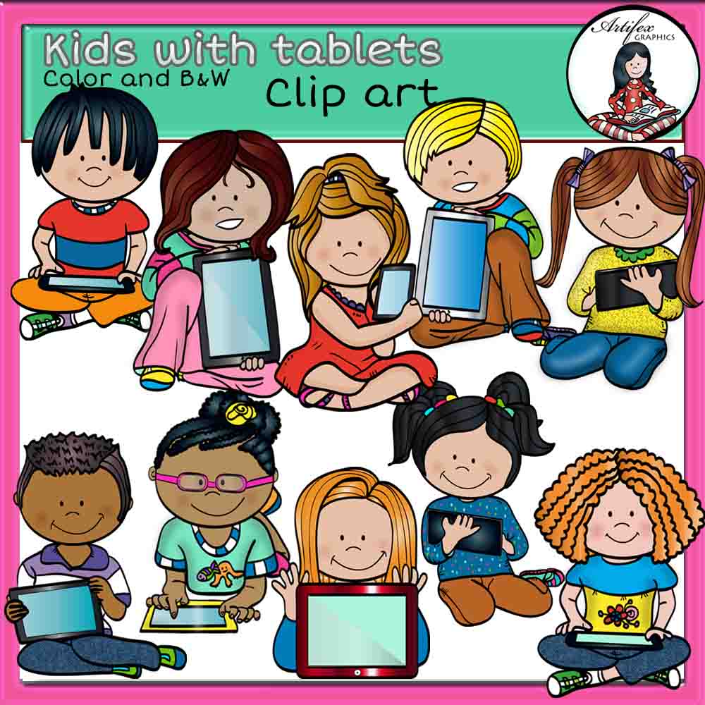 Artifex Graphics: Kids with tablets clip art