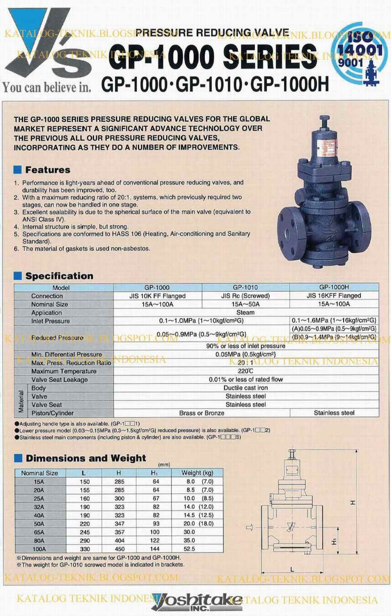 YOSHITAKE VALVE: GP-1000 PRESSURE REDUCING VALVE