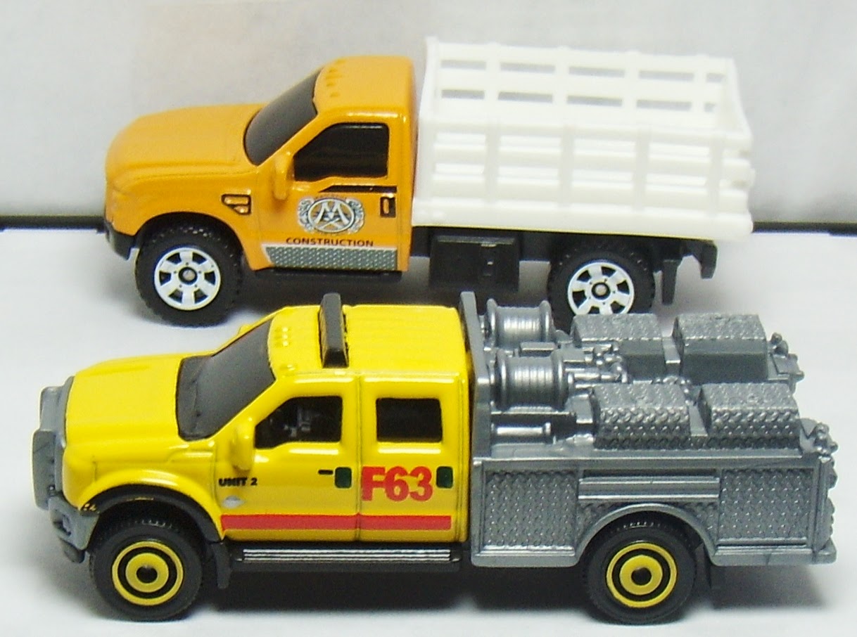Matchbox Ford F-350 Stake Bed, F-550 Mini Pumper, and 1999 F-350 Dump Truck