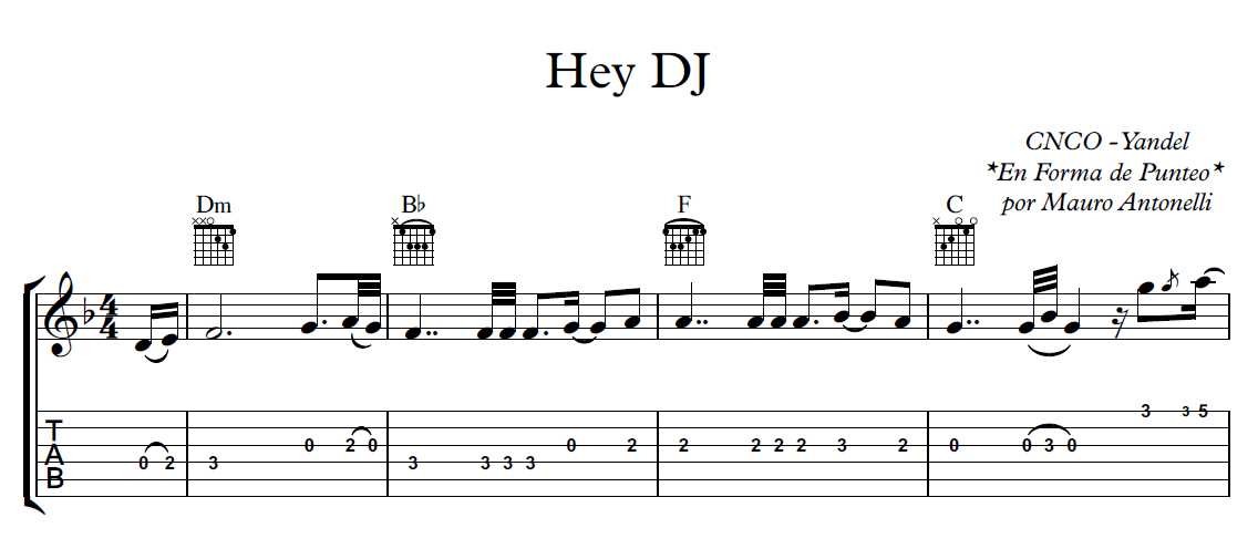 Hey DJ [Yandel - CNCO] Partitura - Tab - Acordes - Acompañamiento