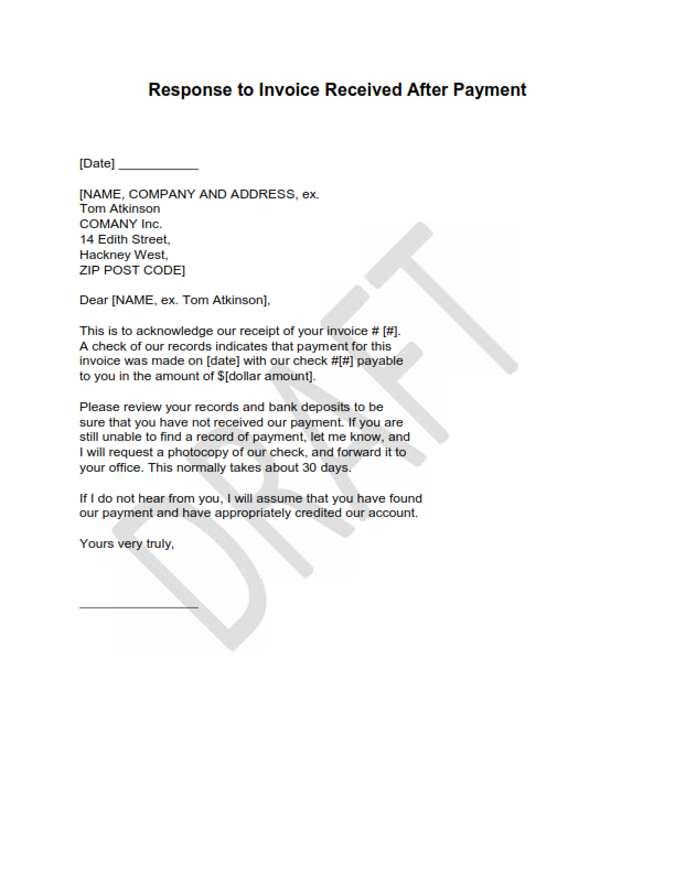 Free Sample Of Response to Invoice Received After Payment