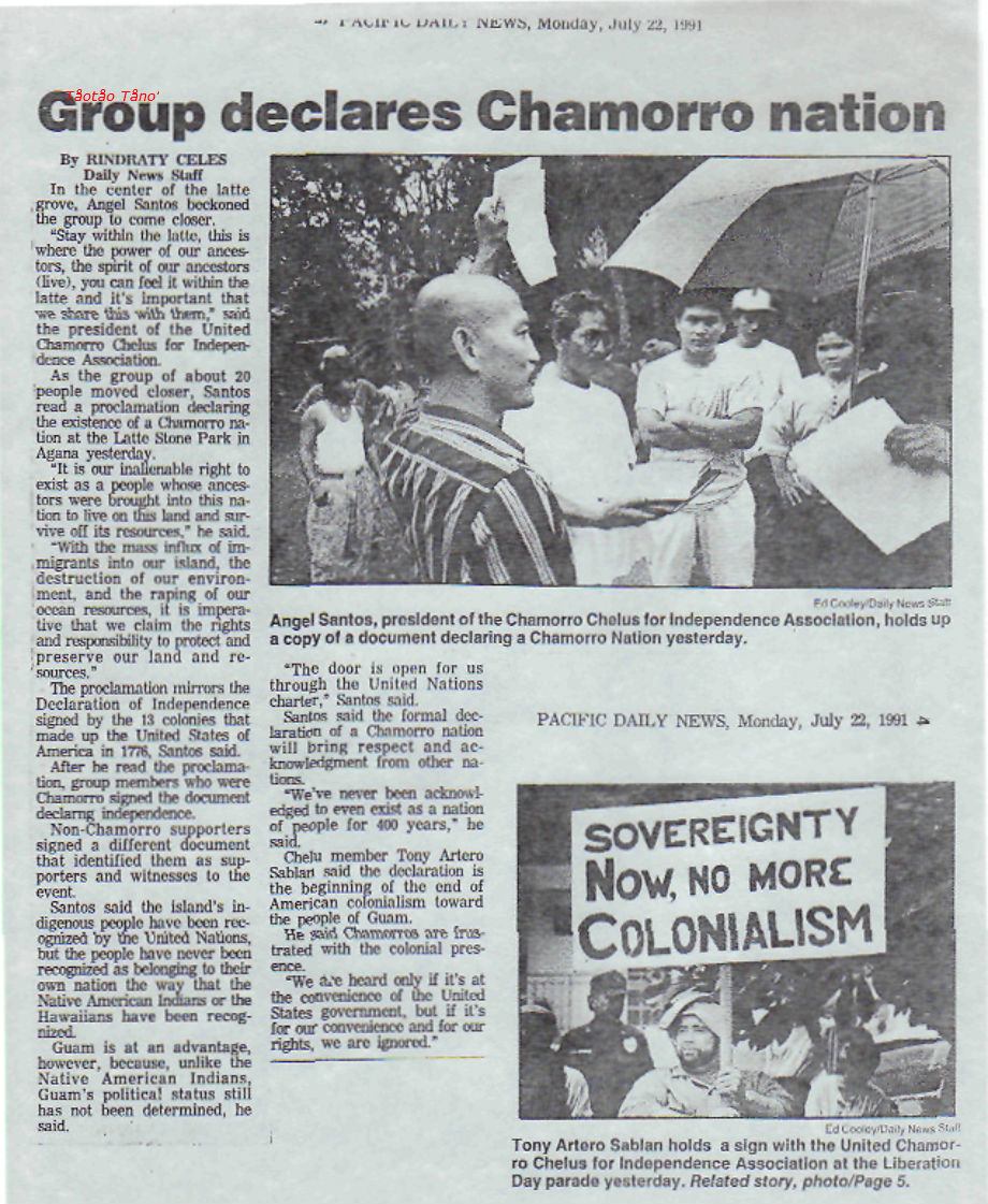 I Nasion CHamoru: Group Declares Chamorro Nation, 22 Jul 1991.