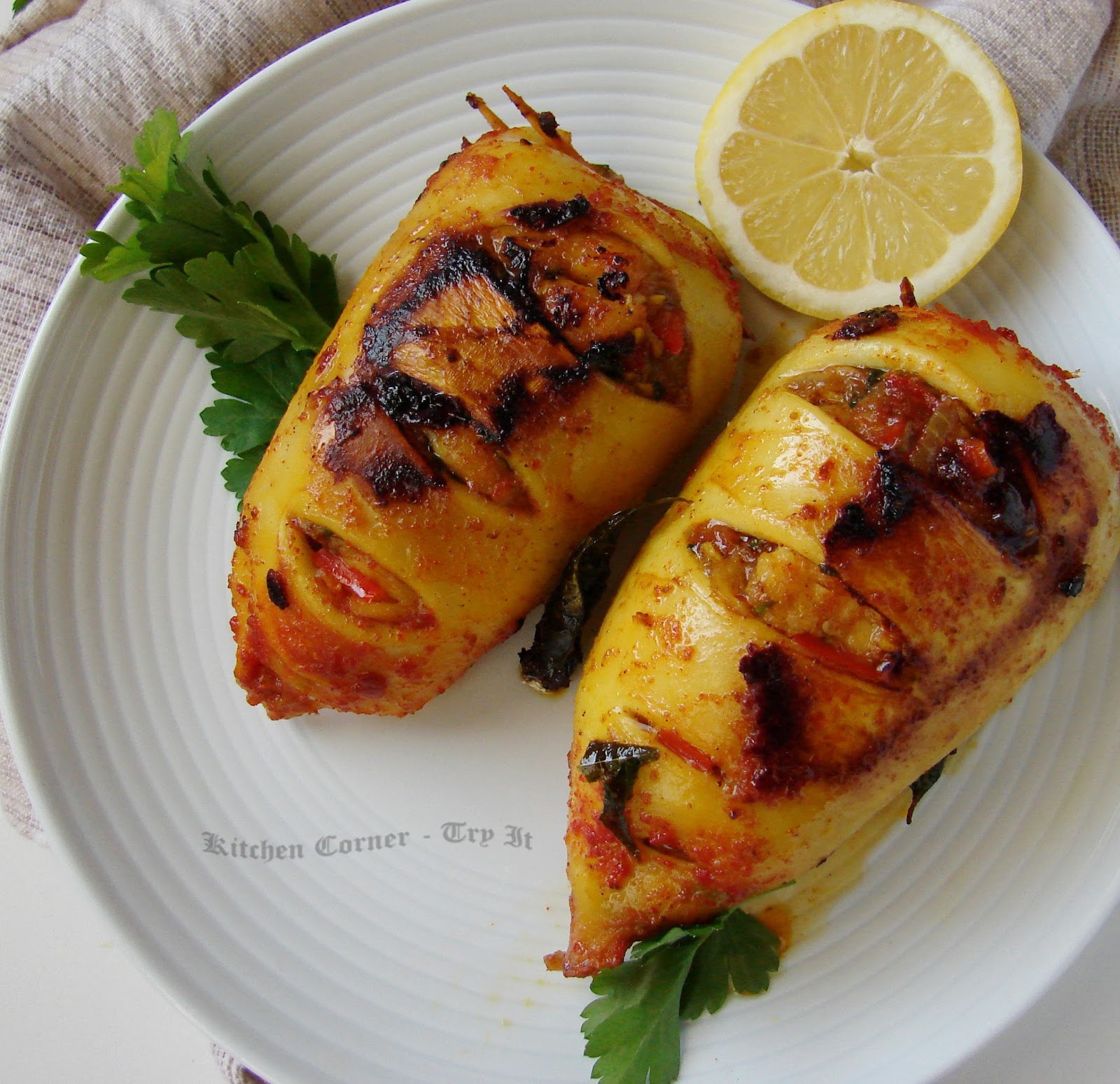 Kanava/Stuffed Squid- With Spicy Prawns Filling